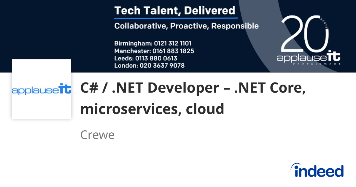 C# / .NET Developer – .NET Core, microservices, cloud - Crewe CW1 4PN ...