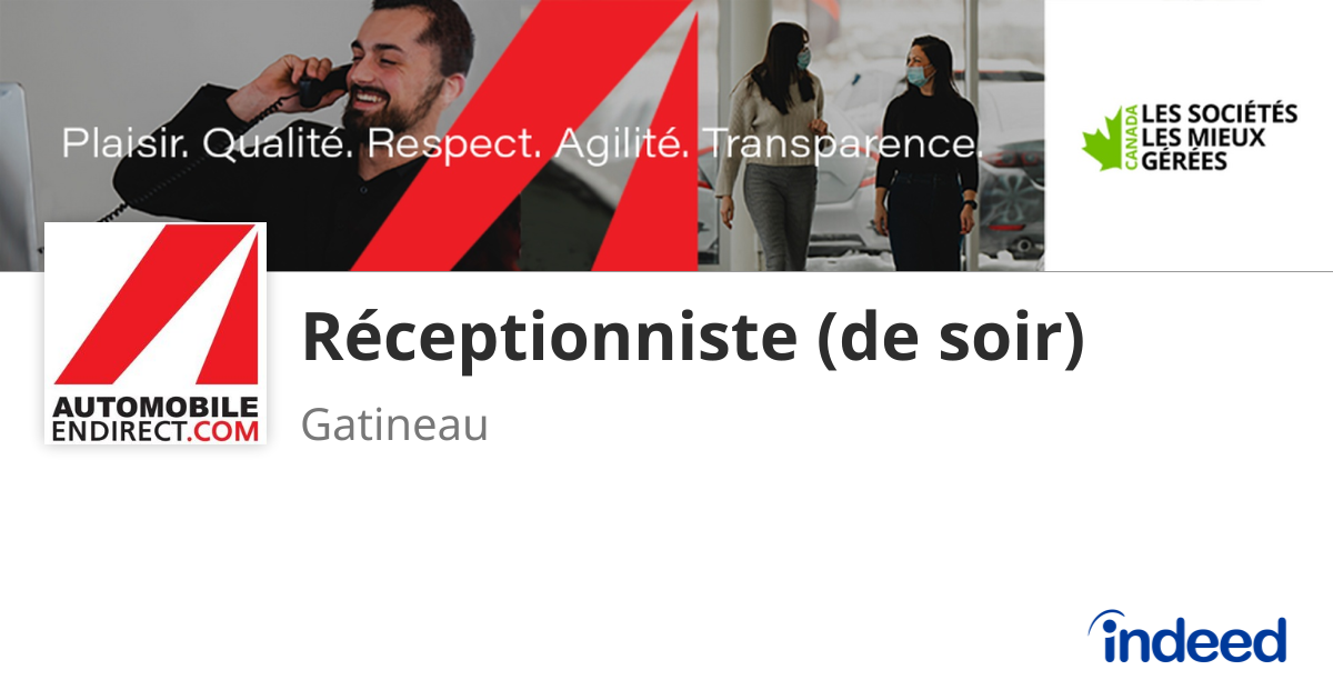 Réceptionniste (de soir) - Gatineau, QC J8Z 1T3 - Indeed.com