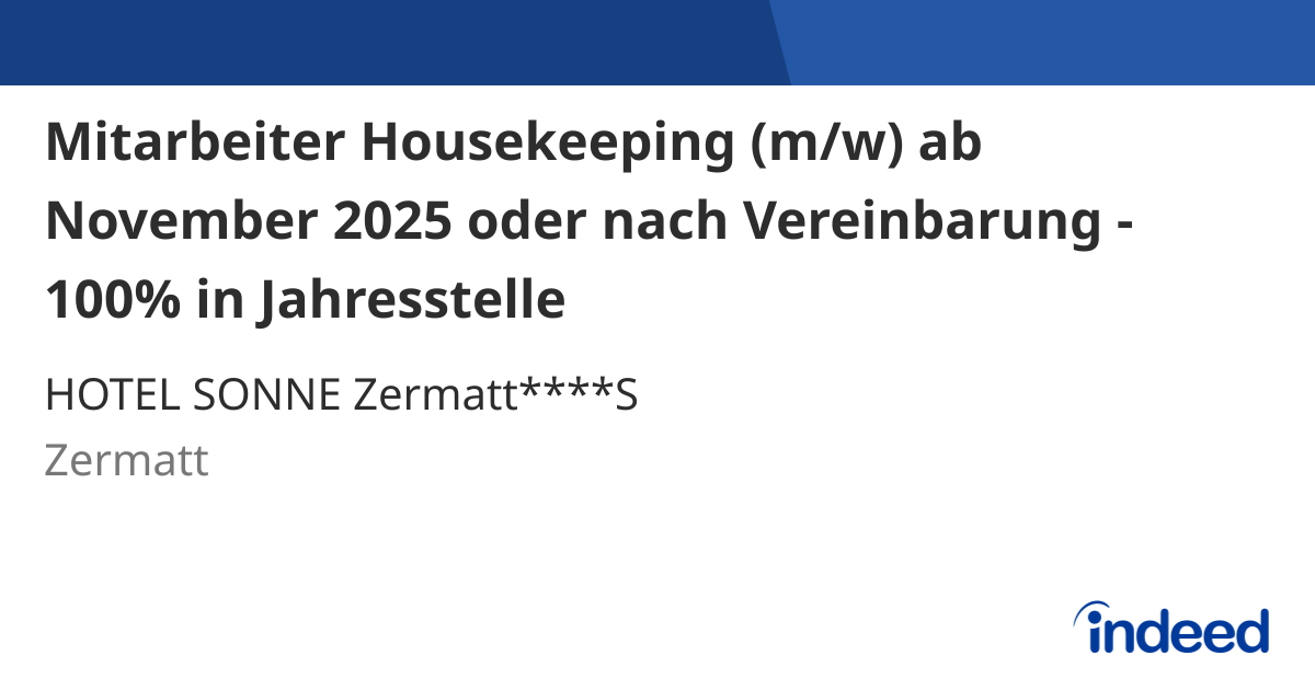 Mitarbeiter Housekeeping (m/w) ab November 2025 oder nach Vereinbarung ...
